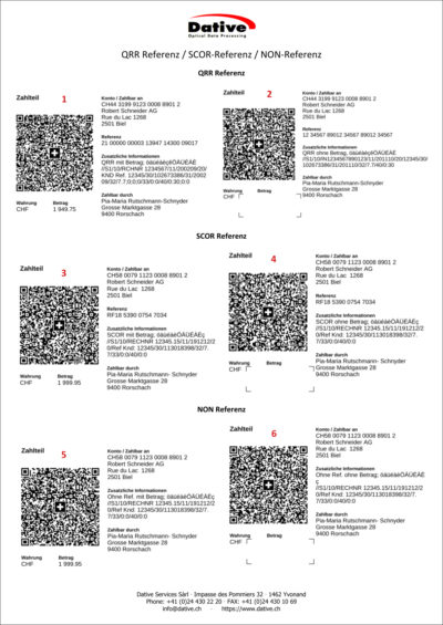 Test-Belege mit Swiss QR Codes der QR-Rechnung - Dative Sàrl
