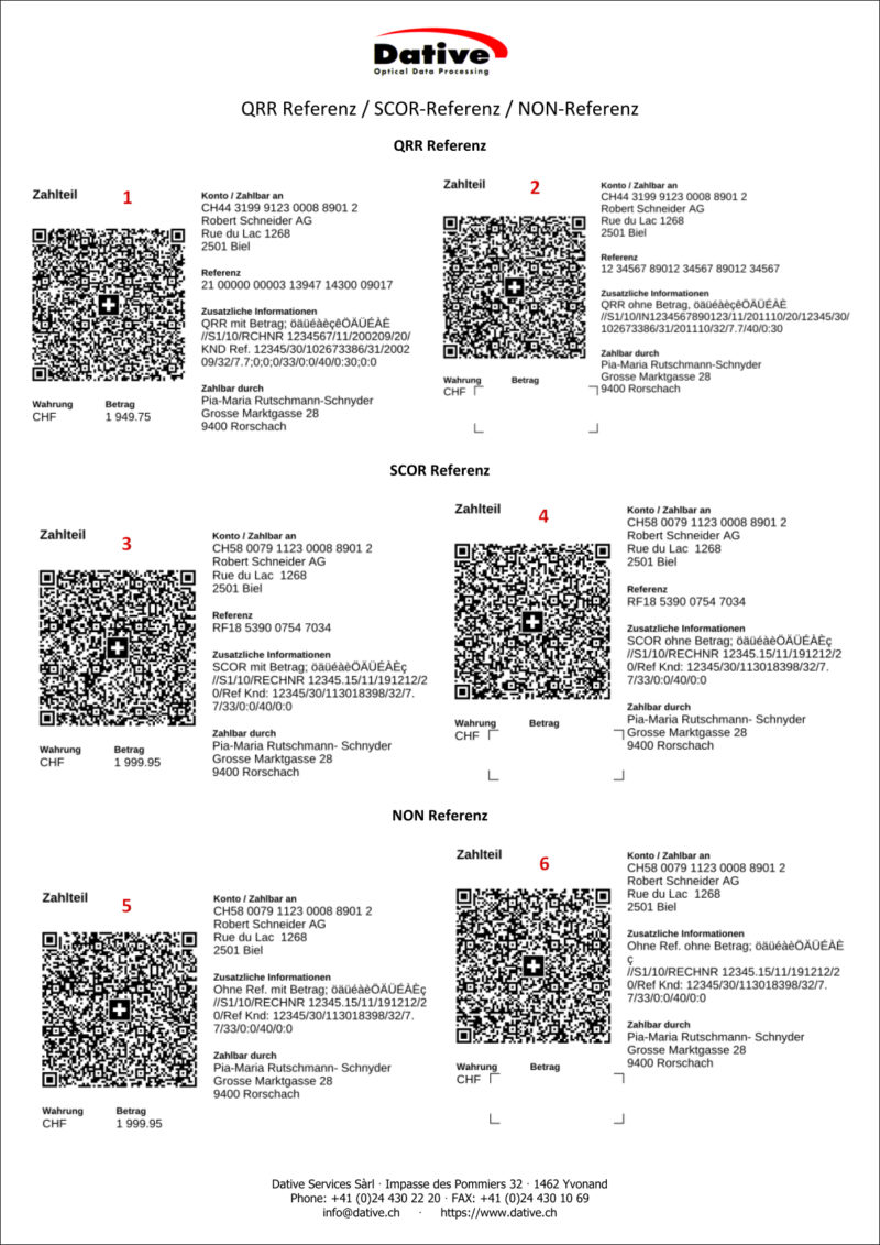 Test-Belege mit Swiss QR Codes der QR-Rechnung - Dative Sàrl